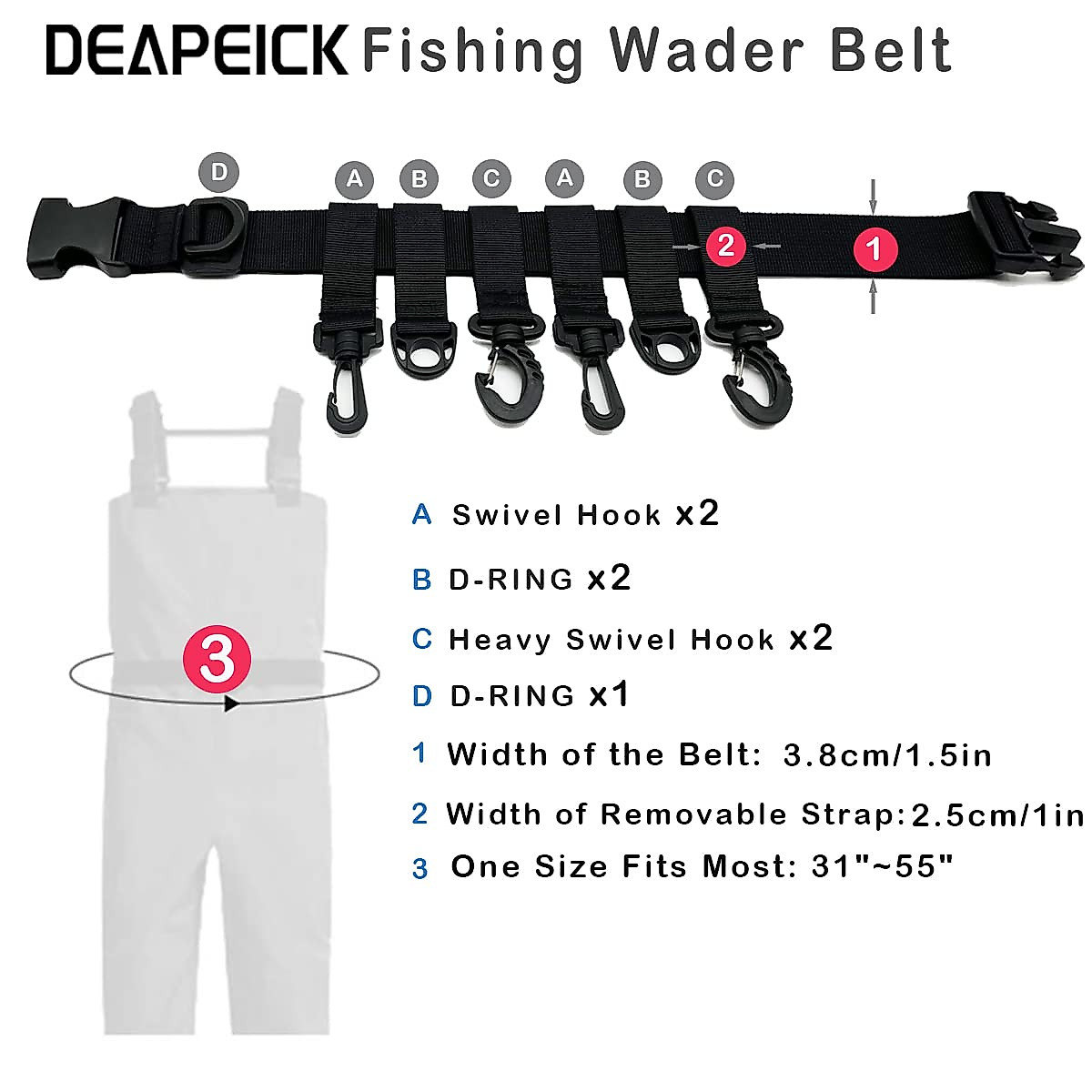 DEAPEICK Fishing Waist Belt Rod Holder Adjustable Waist Wading Belts with 6Pcs Removable Hooks and Portable Pole Inserter for Spinning Casting Fly Fishing Portable Fishing Gear Accessories Wader Strap