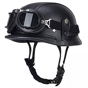 German Style Motorcycle Helmet, Retro Leather Motorcycle Half Helmet Skull Cap for Adult Men Women, Vintage Open Face Half Shell Helmet for Cruiser Scooter Chopper, DOT Approved (Black, X-Large)