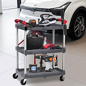 Towallmark Portable Folding Service Cart, 3 Tier Folding Utility Cart, Collapsible Utility Carts for Office, Warehouse, and Home, 56 Lbs Load Capacity per Shelf (Grey & Red)