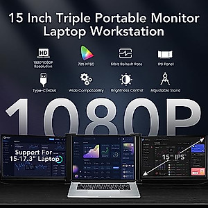 FOPO 15-inch Laptop Monitor Extender, 1080P Full HD Triple Portable Monitor with USB-C/HDMI, Plug and Play Dual Monitor for 15-17.3" Laptop with Windows/Mac(Only for M1 Max/M1 Pro)/Switch - S17