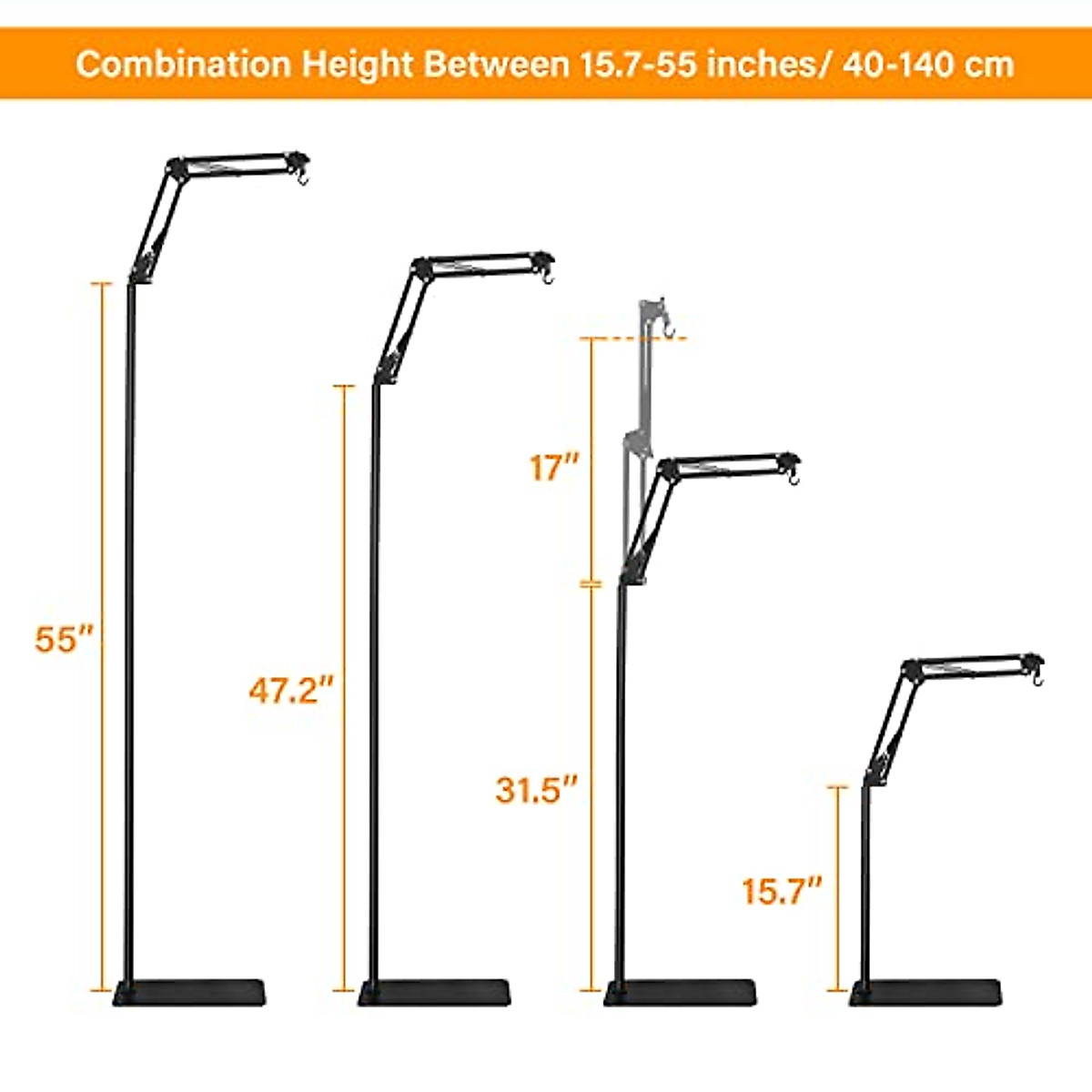 Reptile Lamp Stand with Base Extra Tall Adjustable Height and Width 360° Rotation Floor Reptile Light Holder Stand Bracket Metal Lamp Support for Reptile Glass Tank Terrarium Heating Light (72 inch)