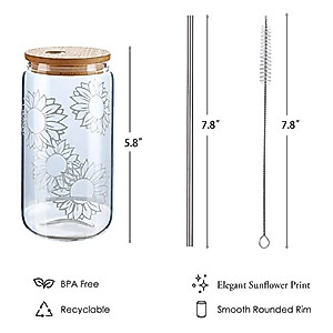 Sunflower Gifts for Women - Sunflower Cup with Bamboo Lids and Straw, Cute Sunflower Cups, Beer Can Shaped Drinking Glass Cup, Inspirational Sunshine Birthday Christmas Gifts for Mom - 16 oz Can Glass