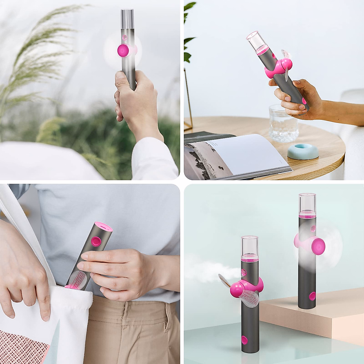 KALAWA Handheld Fan Portable Misting Fan, 3 in 1 Mini Portable Fan, Rechargeable Personal Fan with LED Light Nightlight, Battery Operated Spray Water Fan for Travel, Office, Outdoor