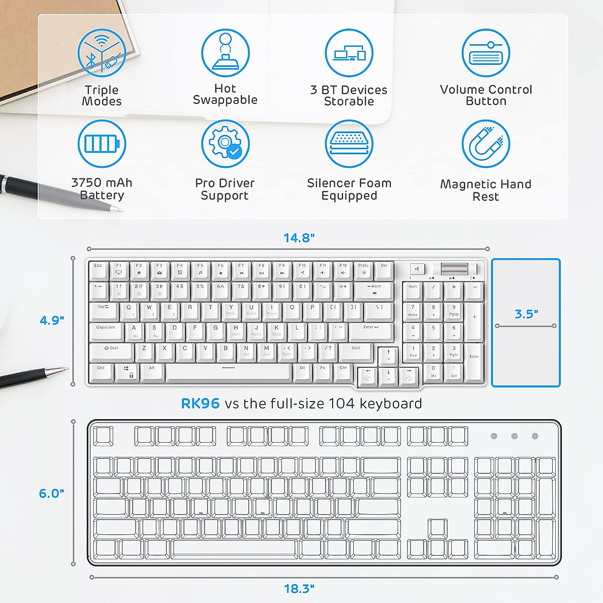 RK ROYAL KLUDGE RK96 90% Triple Mode BT5.0/2.4G/USB-C Hot Swappable Mechanical Keyboard with Magnetic Wrist Rest, 96 Keys Wireless Gaming Keyboard with Software, Blue Backlight