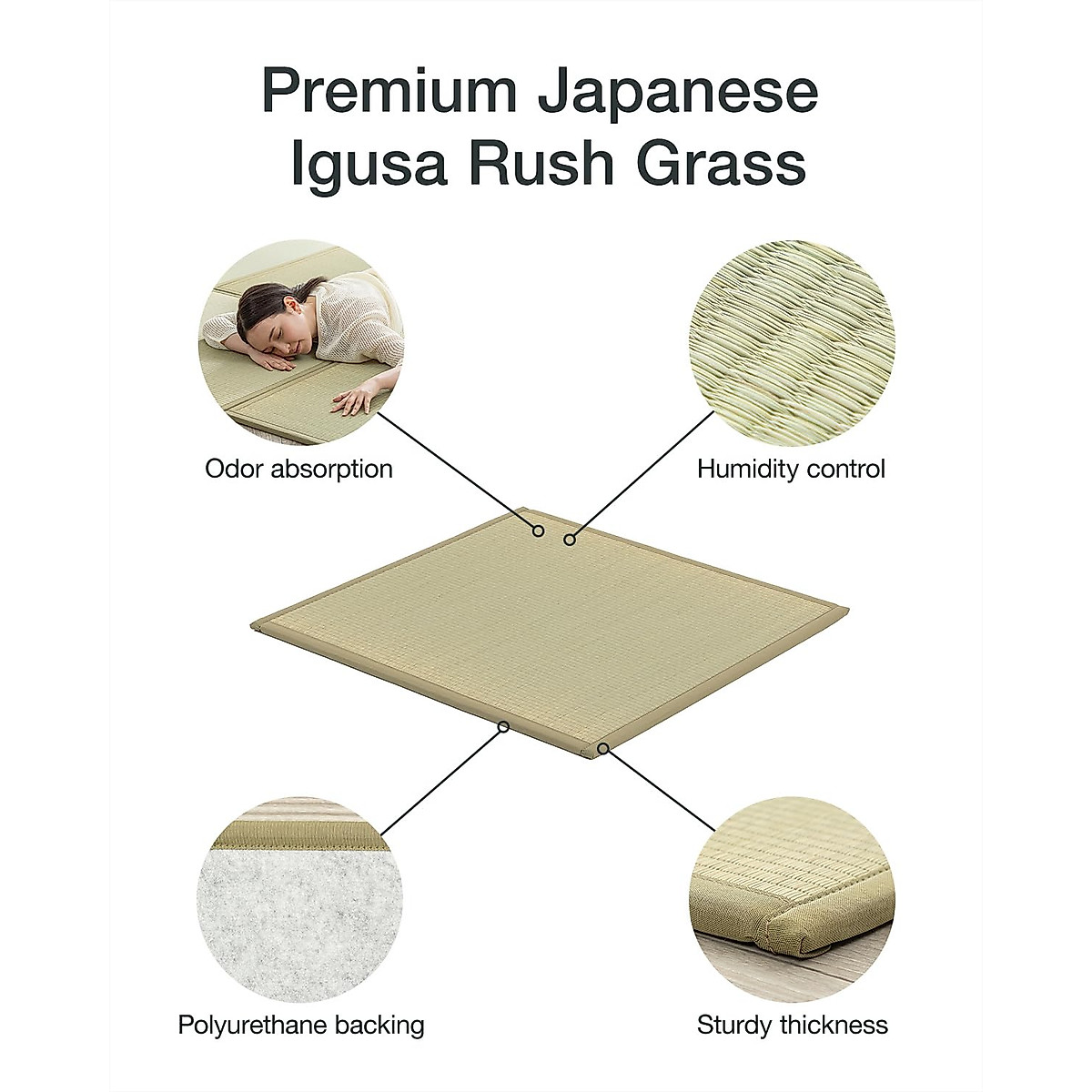 FULI Japanese Square Tatami Rug, Lightweight Igusa Mat (Japanese Rush Grass), Made in Japan (Natural, 4 Pieces)