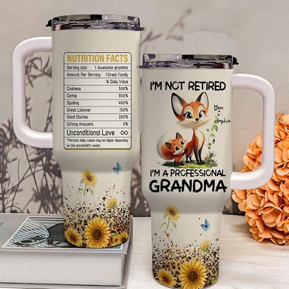 Personalized 40oz Tumbler - Cute A fox mother standing while her playful pup tugs on Mother and Child Design with Nutrition Facts - Gift for Mom, Grandma, Mother's Day ZgND0l