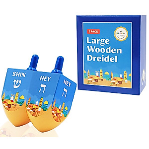 The Dreidel Company Extra Large Jerusalem Wood Dreidels, Let's Play Dreidel The Hanukkah Game, Instructions Included (2-Pack)