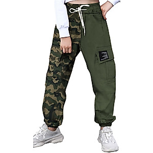 SANGTREE Women's Cargo Pants Elastic Waist Drawstring Tapered Jogger Pants with Pockets for Women,Camo,L
