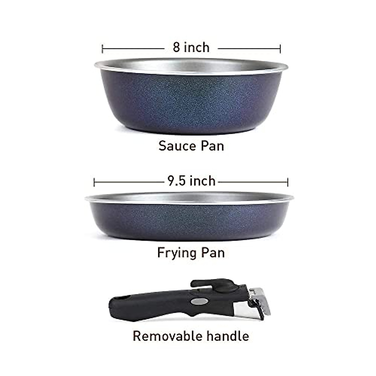 SHINEURI 3 Pieces Removable Handle Cookware, Stackable Pots And Pans Set, Nonstick Pot and Pan Set,Nonstick Frying Pans for Home & Camping, Dishwasher Safe, Oven Safe - 8/9.5 inch