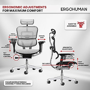 Ergohuman Eurotech ME7ERG GEN2 High Back Mesh Office Chair with Tilt Tension Control, Tilt Lock, Back Angle, Back Height, Synchro Tilt, Seat Height, Seat Depth, and Arm Height Adjustments, Grey