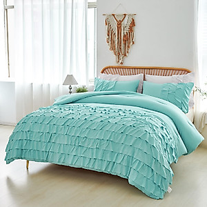 PERFEMET Teal Boho Full Size Bedding Sets for Girls, Multi Layers Ruffle Kids Comforter Set, Washed Microfiber Princess Bed Set, Farmhouse Fluffy Boho Preppy Bedding Set (Teal,Full)