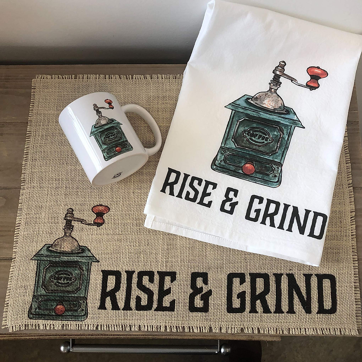 Rise and Grind Premium Tea Towel - Vintage Coffee Grinder, XL Flour Sack Tea Towel, dish towel, Coffee themed gifts for the Coffee Station - Made in the USA