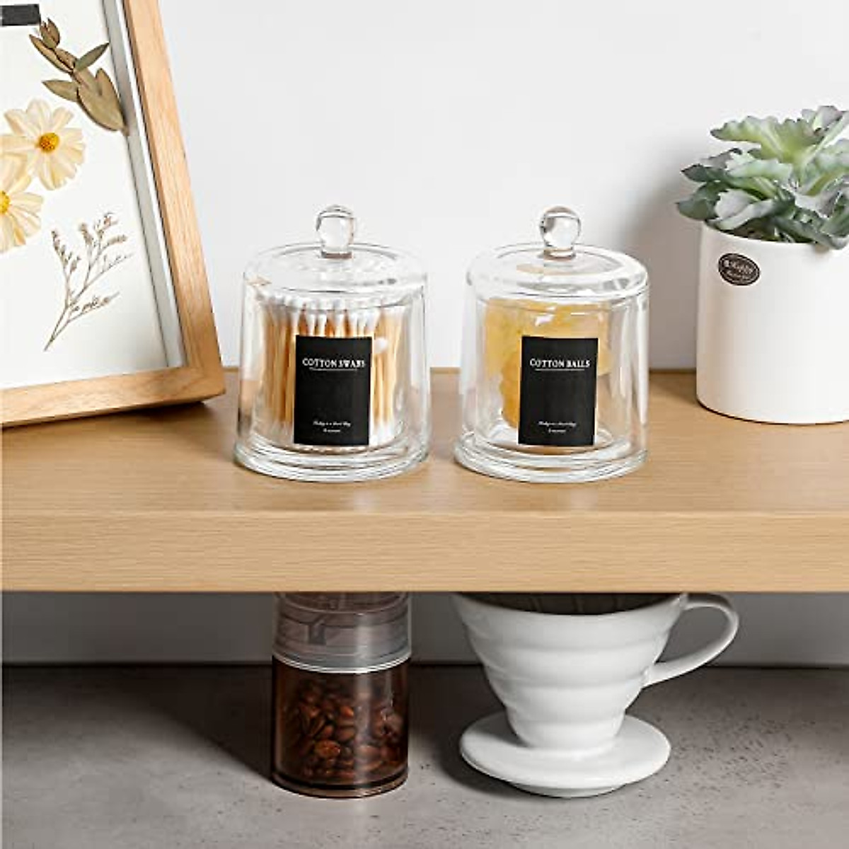 rejomiik Qtip Holder Thick Glass Apothecary Jars with Lid for Bathroom Accessories Vanity Organizers and Makeup Storage for Cotton Ball, Swabs, Candy, Jewelry, Bathroom Decor, 2 Pack Clear