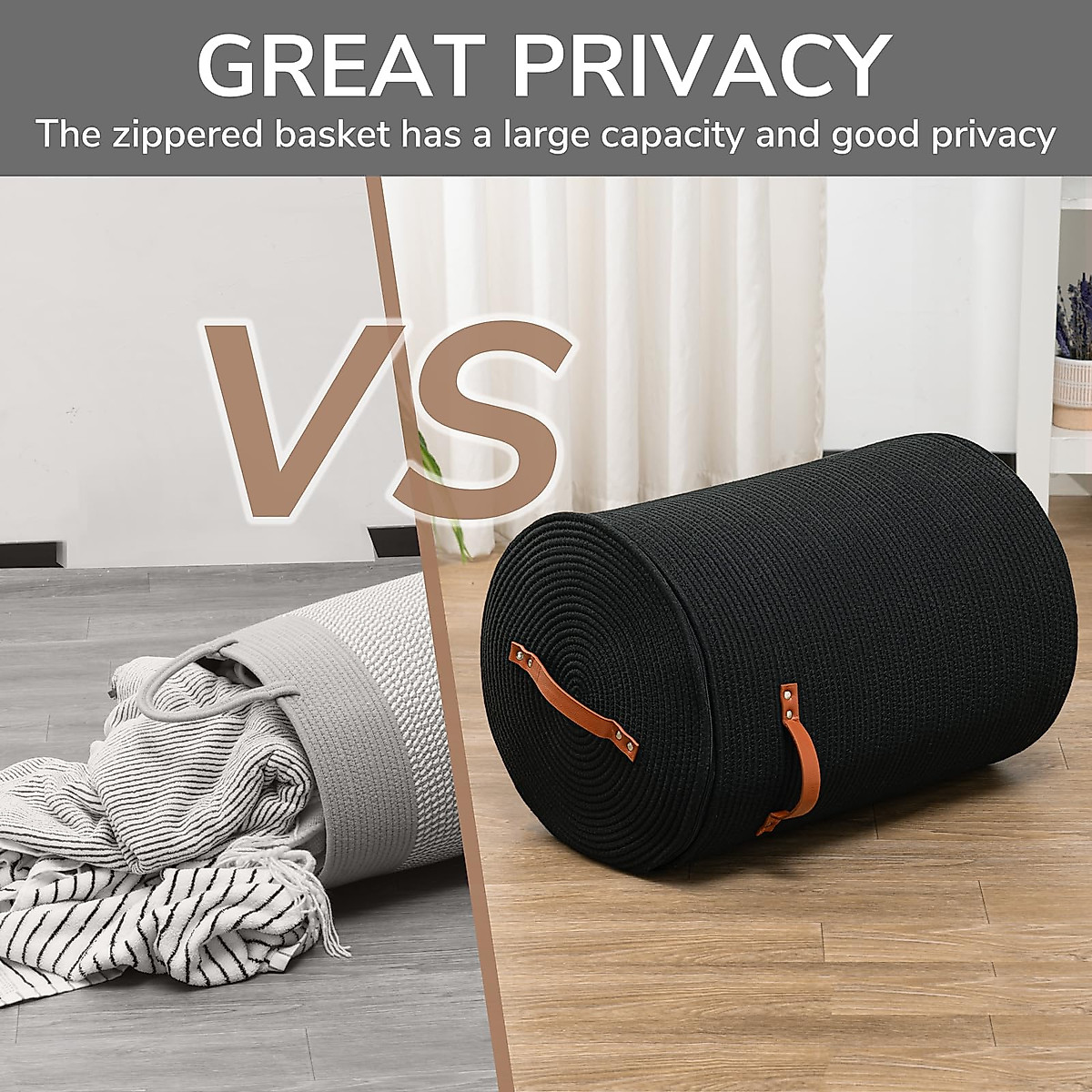 CHICVITA Tall Laundry Basket with Lid, Large Laundry Hamper for Bedroom, Laundry Bin for Clothes, Blankets, Toys, Decorative Woven Basket for Living Room, 15 x 20 inches, Black