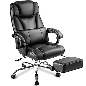 RINDOW Office Chair PU Leather/Double Cushion/Support pad and Foot stools, Comfortable Seats, Adjustable Chairs, Easy Assembly, Black