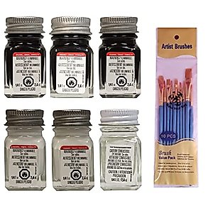 Testors Enamel Model Paints, Flat White, Gloss White, Flat Black, Semi-Gloss Black, Gloss Black, and Thinner, 1/4 oz (Pack of 6) - with Make Your Day Paint Brush Set
