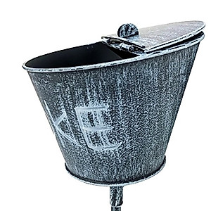 Outdoor Smoke Ashtray, Lidded Bucket on Stake with Prong Post, Garden Party Style, Gray Lacquered Iron, Rustic and Weathered Patina, 6 D x 43 1/4 H Inches
