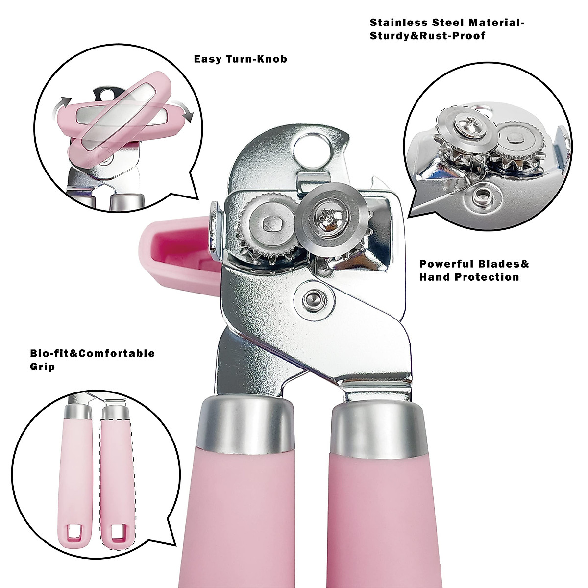 Uyauld Manual Can Opener, Handheld Tin Opener Cork Screw, Easy Turn Knob, Built in Bottle Opener, Hangs for Convenient Kitchen Storage, Easily Open Tin Cans, 2 Silicone Lid Cover for Can, Pink