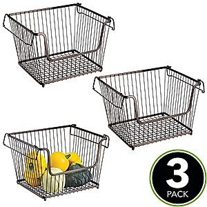 mDesign Stackable Metal Basket for Kitchen Storage - Large Wire Farmhouse Bin Basket w/Handles for Pantry - Stacking Wire Basket Organizer for Food, Drinks - Hyde Collection, 3 Pack, Bronze