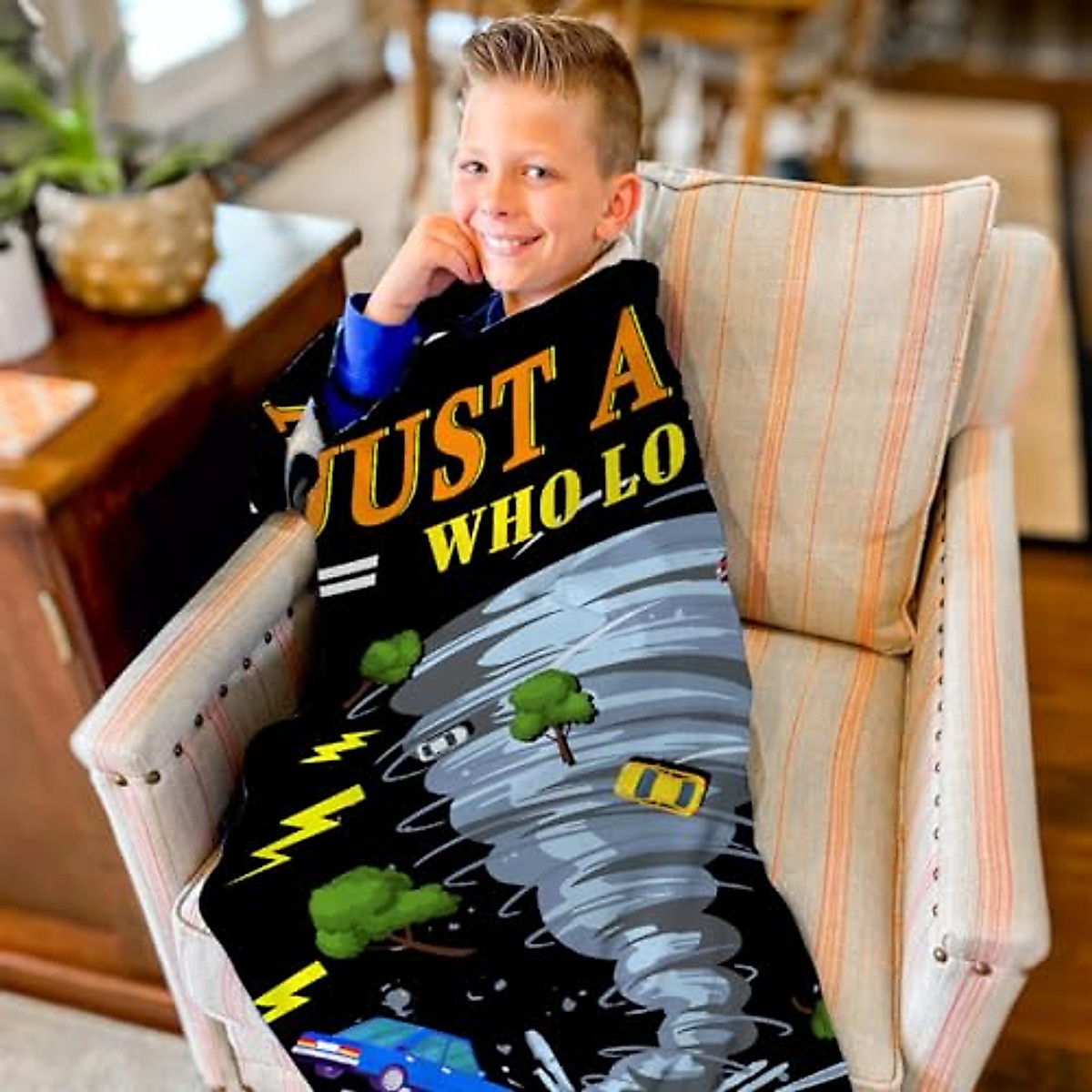 Just A Boy Who Loves Tornado Blanket Best Gifts Super Soft Premium Flannel Throw Blanket, Warm Plush Perfect for Sofa Bed Camping Blankets All Season Use (50" L X 40" W)