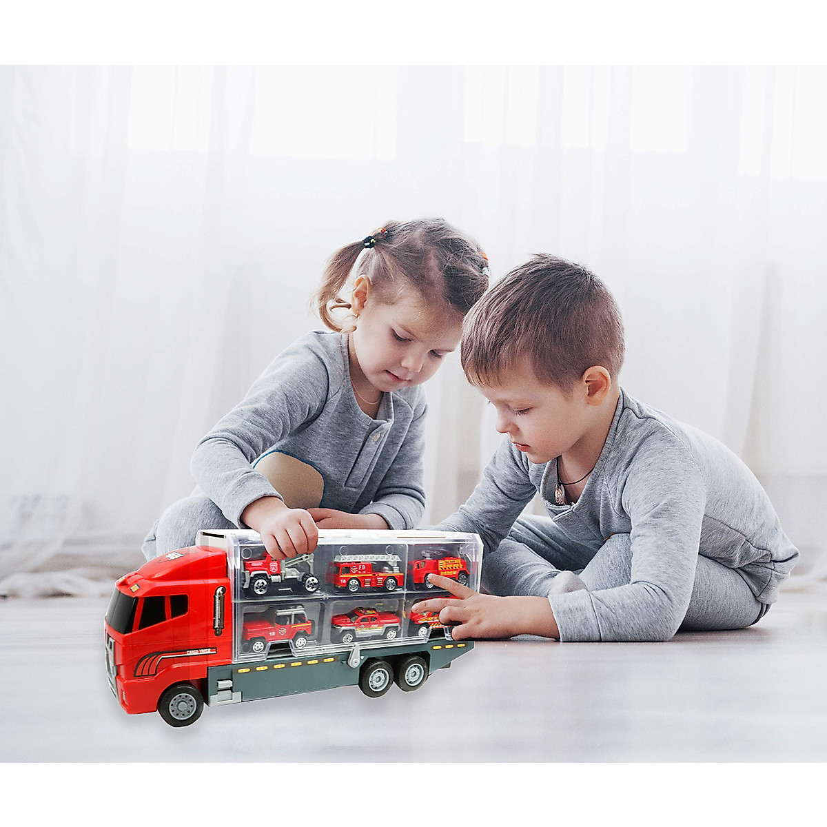 Smart Novelty Die Cast Emergency Trucks Vehicles Toy Cars Play Set in Carrier Truck - 7 in 1 Transport Truck Emergency Car Set for Kids Gifts (Fire Vehicle Set)