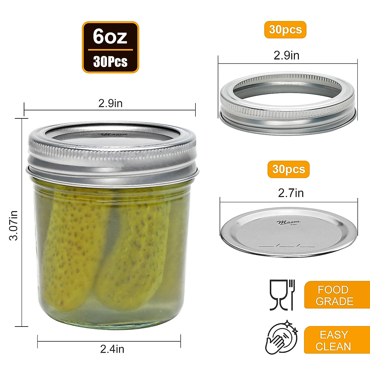 Datttcc Mason Jars Herb Canister, 6 OZ Glass Mason Jar with Regular Lids and Metal Divider, Rustic Country Style Storage Container for Bathroom, Kitchen, Living Room, Office,Set of 30