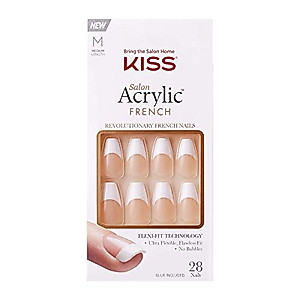 KISS Salon Acrylic French Nail Manicure Set, Medium Length, Square, “Je T'aime”, Nail Kit Includes Pink Gel Nail Glue (Net Wt. 2 g / 0.07oz.), Mini File, Manicure Stick, and 28 Fake Nails