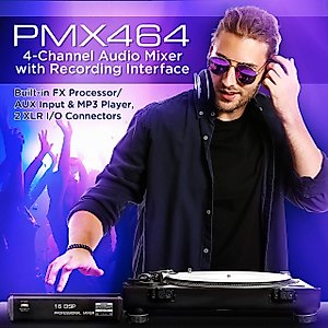 Pyle Professional DJ Audio Mixer Controller - 4-Channel DJ Controller Sound Mixer w/DSP 16 Preset Effects, USB Interface, 2 XLR Mic/Line Input, AUX, FX Processor MP3 Player, Headphone Jack PMX464