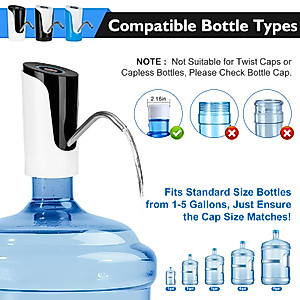 ZOOY 5 Gallon Water Dispenser Pump, Electric Water Bottle Pump USB Charging, Portable Camp Water Jug Dispenser Pump for Camping, Home, Office, Travel - Fits 2-5 Gallon Water Jugs Pump (White)