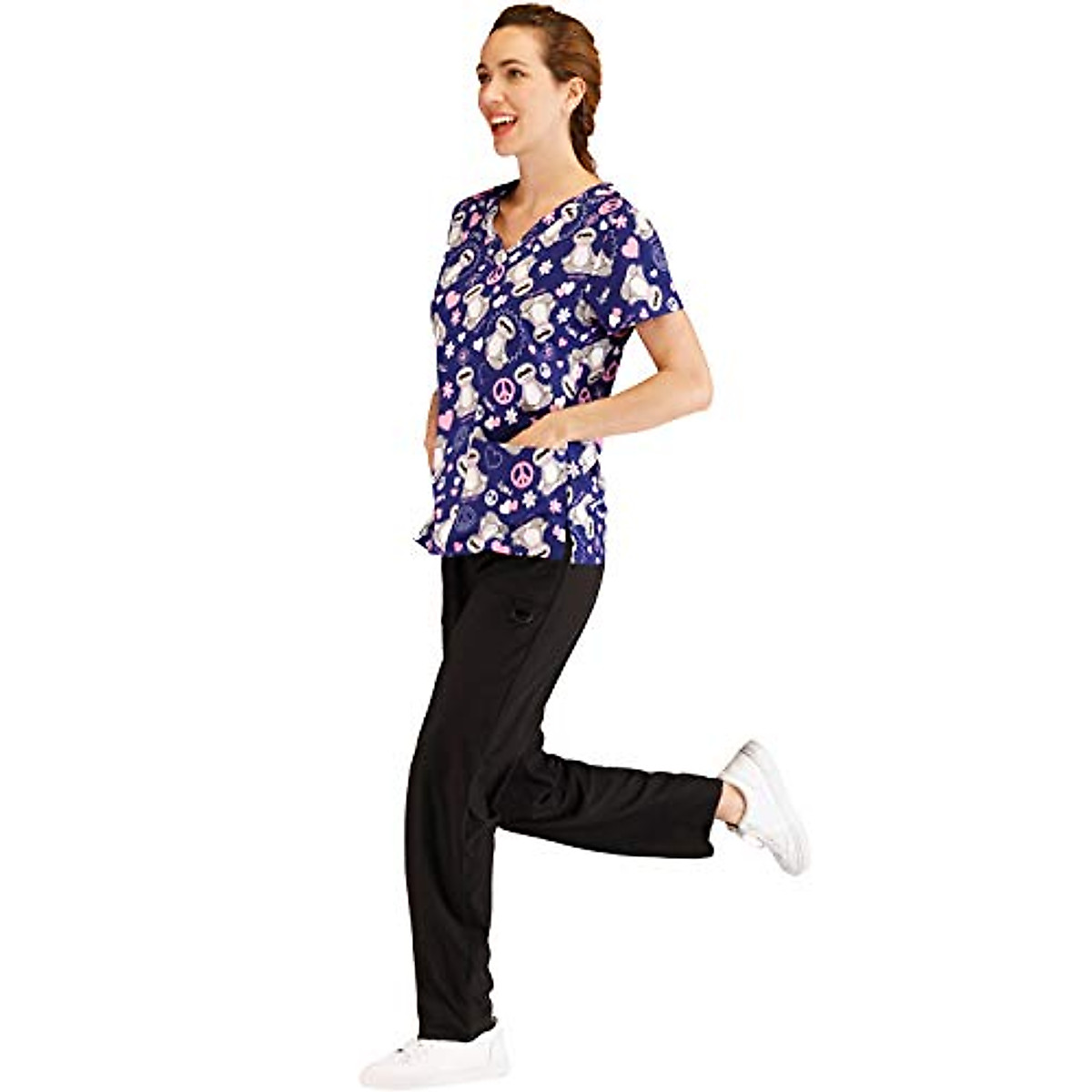 Minty Mint Women's Stretch Printed V-Neck Medical Scrub Top Navy Pink S