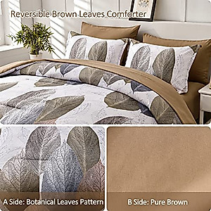Drucon Botanical Comforter Set Queen, 7 Pieces Bed in A Bag Comforter Brown Leaves Comforter Queen Size Soft Microfiber Bedding Set for All Season