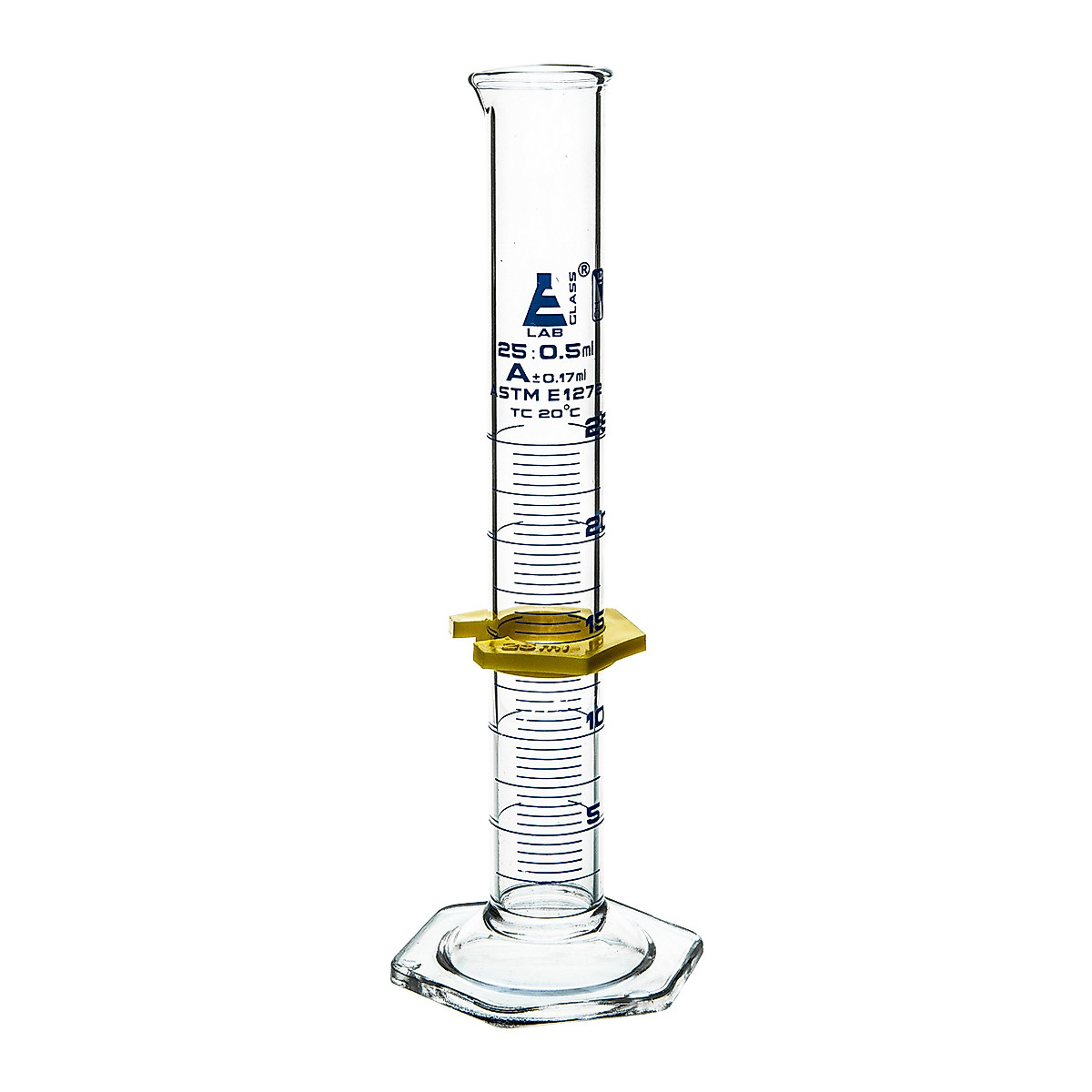 EISCO Graduated Cylinder, 25mL - ASTM, Class A Tolerance ±0.17mL - Protective Collar, Hexagonal Base - Blue Graduations - Borosilicate 3.3 Glass
