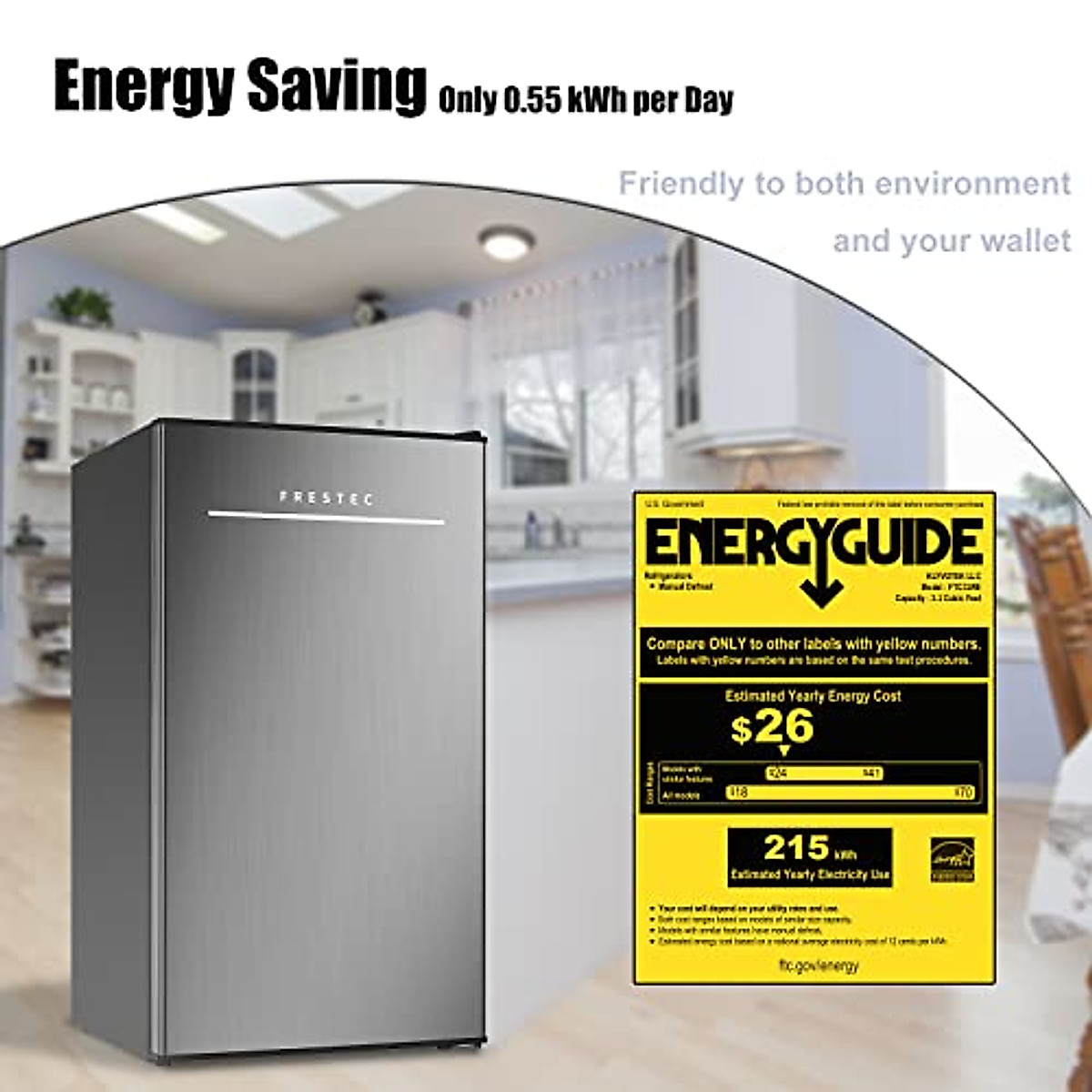 Frestec Mini Fridge with Freezer,Small Refrigerator,Mini Fridge for Bedroom,3.1 Cu Ft Single Door Compact,Energy Saving,Low Noise with Reversible Door,Mini Fridge for Office (Stainless Steel)