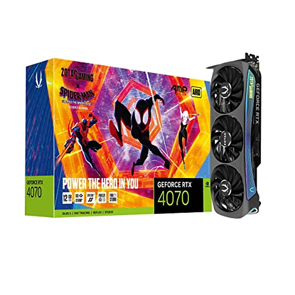 ZOTAC Gaming GeForce RTX 4070 AMP AIRO Spider-Man: Across The Spider-Verse Inspired Graphics Card Bundle, ZT-D40700F-10SMP