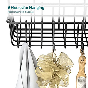 CALM COZY Bathroom Organizer, 4-Tier Shower Caddy Basket, Wall Mount Shower Organizer Metal Shelves Organization, Rustproof Bathroom Shelves Storage with 6 Hooks for Hanging Sponge, Black