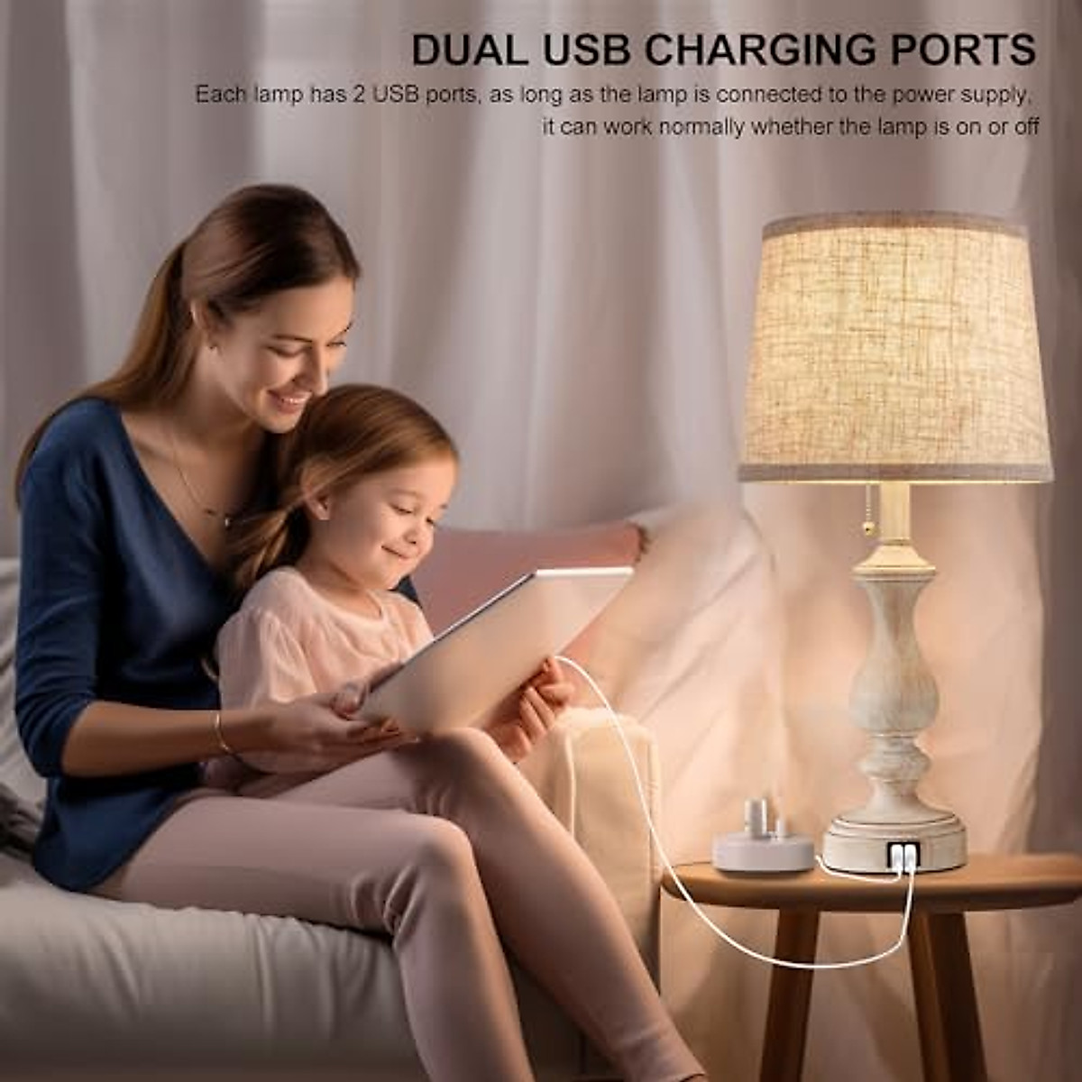 Drawealth Farmhouse Bedside Table Lamp with USB Charging Ports Traditional Bedroom Lamps for Nightstand Set of 2 White Table Lamp for Living Room Study Room Washed Finish, Bulbs Not Included