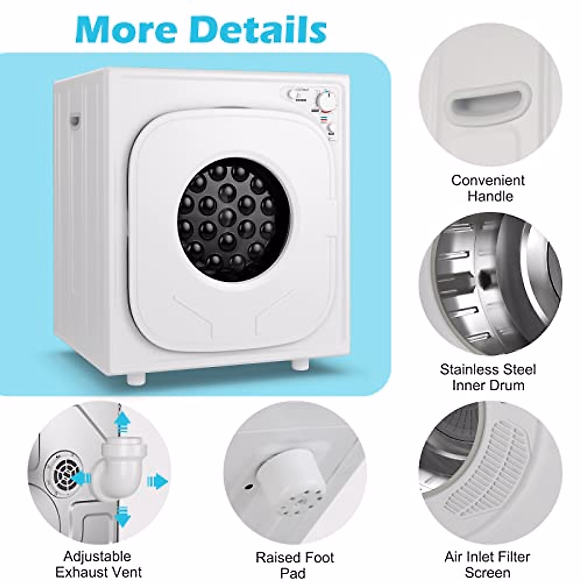 COSTWAY Portable Dryer, Stainless Steel Clothes Dryer with Touch Panel, 2 Modes, 4 Drying Programs and Adjustable Exhaust Vent, 13.2 LBS Front Load Tumble Laundry Dryer for Apartment, Dorm and Home, 1500W, White