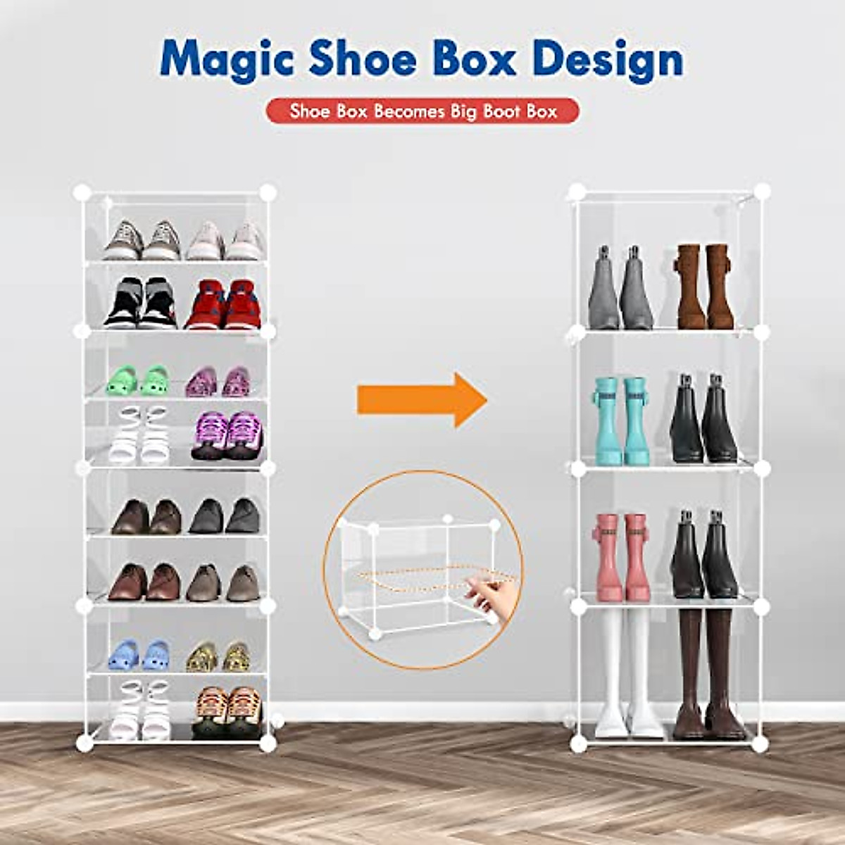 KUSARKO Shoe Rack Organizer, 8 Tier Shoes Storage Cabinet, 24 Pair Clear Plastic Shoe Expandable Organizer for Hallway Bedroom Entryway Heels Boots Sneaker, Stackable Shoe Box