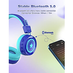 Link Dream Kids Bluetooth Headphones with Microphone for School On-Ear Headphone Toddler Children Wireless Headphone Headset with LED Lights Compatible with Cellphone/Computer/Tablet/iPad (Blue)