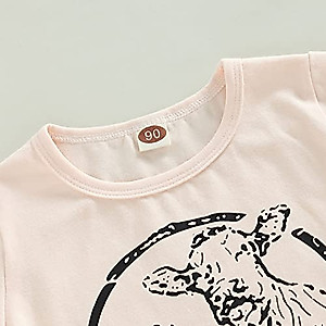 Western Baby Girl Clothes Letters Print Short Sleeve T-Shirt Tops Cow Print Flared Pants Set Bell Bottom Outfit (Beige, 2-3 Years)