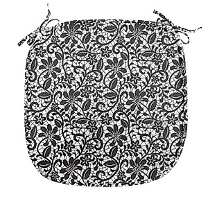 Lunarable Fractal Chair Seating Cushion Set of 2, Ceramic Mosaic Style Baroque Floral Design with Minimalist Effects Art, Seat Pads for Office with Anti-Slip Backing, 16"x16", Black and White