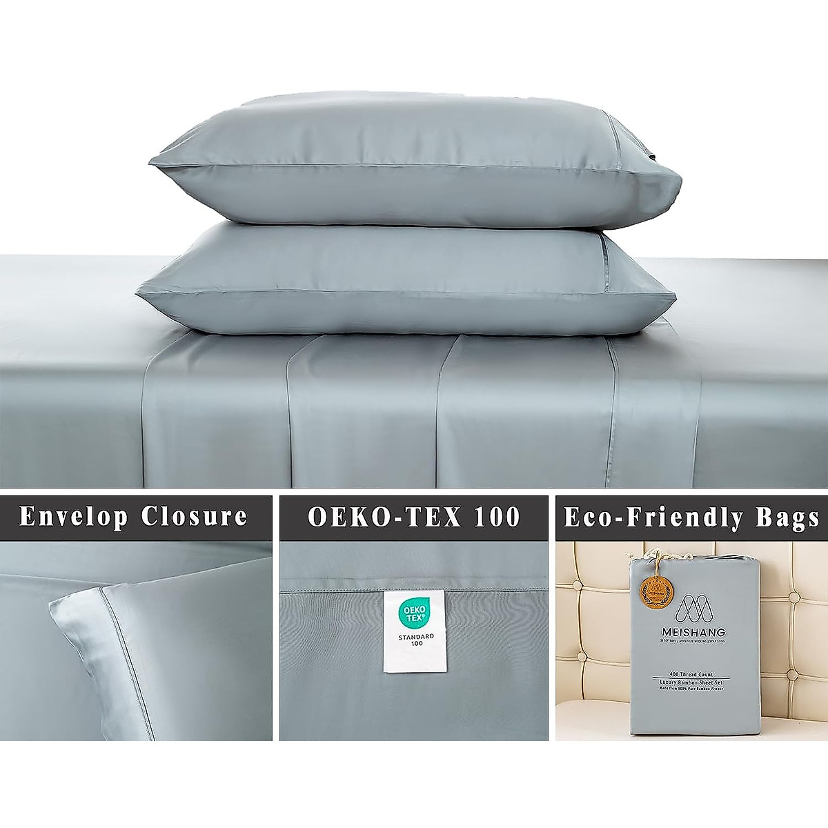 MEISHANG Bamboo Viscose Sheet Set Queen Size - 100% Pure Organic Viscose - 400TC Bamboo Viscose Cooling Bed Sheets Set - Fit 16 Inch Deep Pocket - 4 Piece Set Silky Soft Luxury - Queen, Light Gray