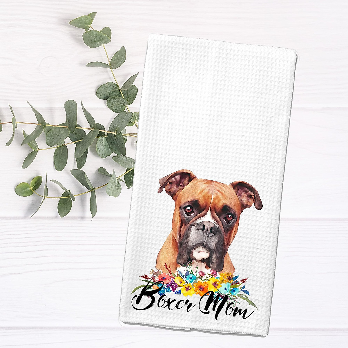 Boxer Mom Floral Waffle Weave Microfiber Kitchen Hand Towel Gift for Dog Lover