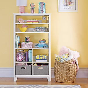Martha Stewart Kids' Tall Bookcase - Creamy White: 48 Inch Wooden Storage Organizer Cubby with Fabric Bins for Playroom and Bedroom