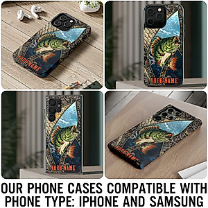 Personalized Bass Fish Fishermen Phone Case Custom Name Bass Fishing Leather Pattern Cute Protective Cover Customized Compatible with iPhone 14 12 13 11 Promax Samsung s23 s22 s21 s20 s10 Ultra