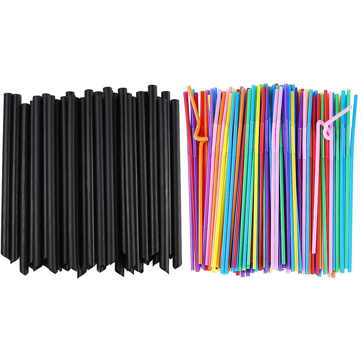 ALINK 100 Black Plastic Bubble Tea Smoothie Straws + 100 PCS Colorful Plastic Long Flexible Straws