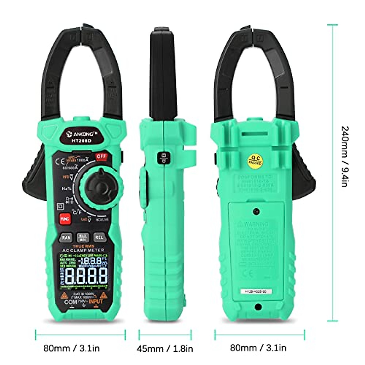 AC/DC Digital Clamp Meter Multimeter 6000 Counts Voltage Tester, Auto-ranging, Measures Current Voltage Temperature Capacitance Resistance Diodes Continuity Duty-Cycle