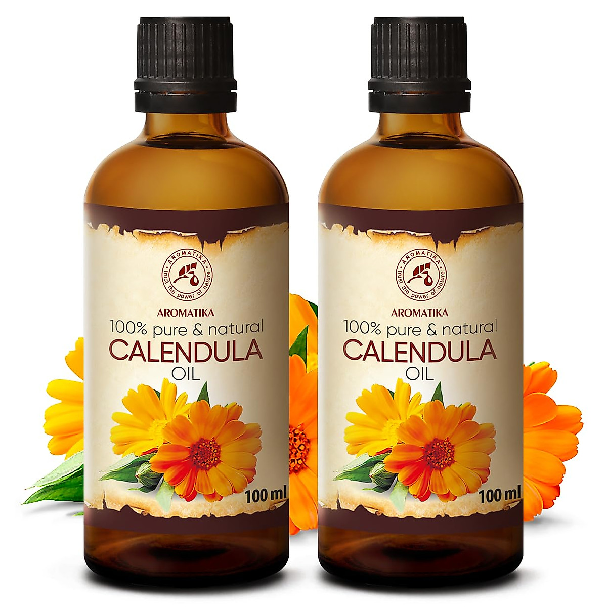 AROMATIKA Calendula Oil set 2 x 3.4 Fl Oz - 6.8 Fl Oz - Calendula Officinalis - Infused - Almond Oil Base - 100% Pure & Natural - Marigold Oil - for Skin, Nails, Hair, Face, Body