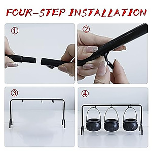 3pcs Black Plastic Witches Cauldron Serving Bowls on Rack, Halloween Party Decotations, Halloween Decor Candy Bucket Cauldron for Outdoor and Indoor Home Kitchen Halloween Decoration