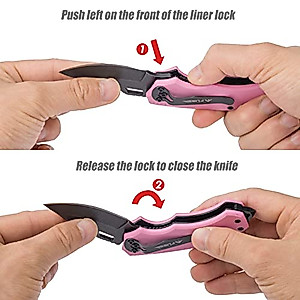 FLISSA Mini Folding Pocket Knife, 2.5-Inch Stainless Steel Drop Point Blade, EDC Pocket Knives for Women with Bottle Opener and Glass Breaker (Pink)